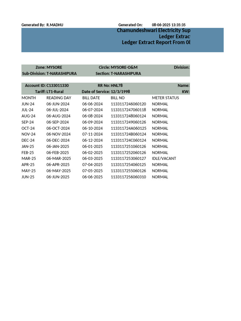 Ledger Extract Report - Jun-2024 - Jun-2025 | PDF | Electric Power
