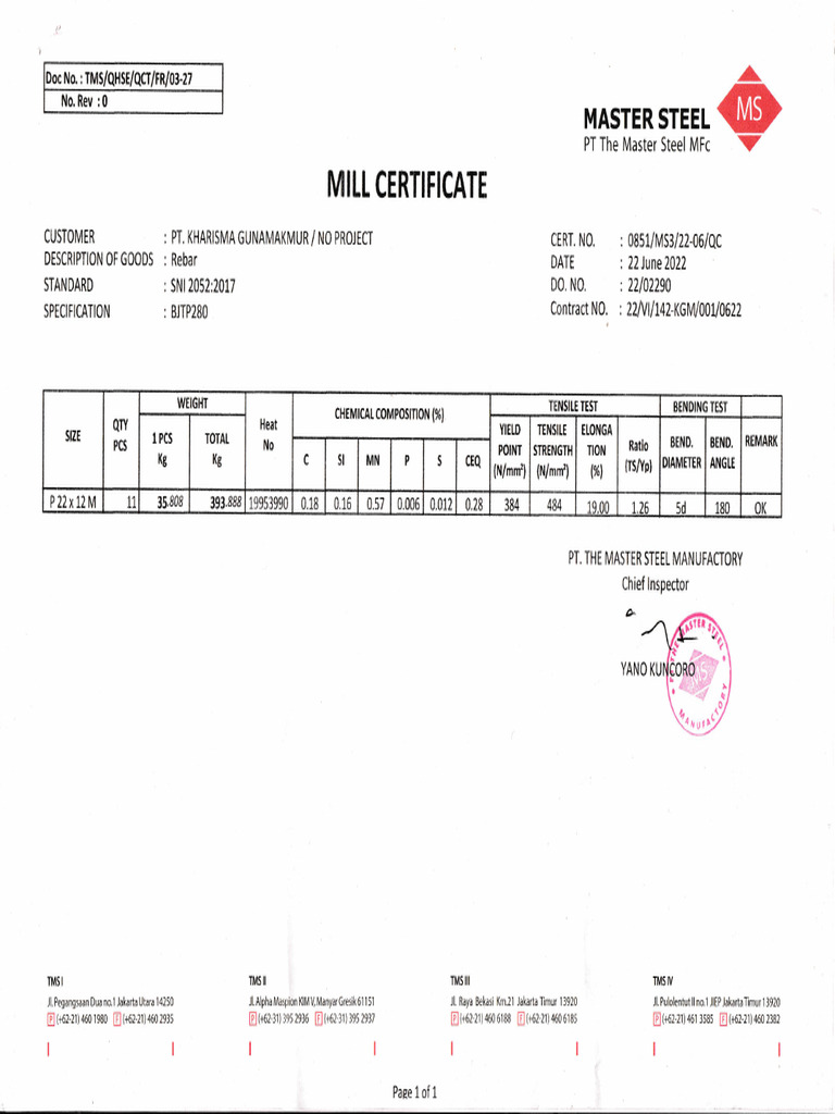 Mill Certificate RB P22 (2022) | PDF