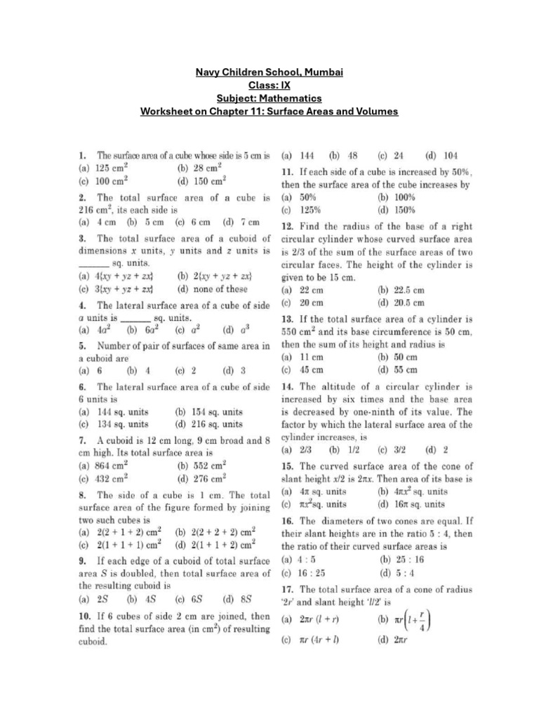 Surface Areas and Volumes IX Worksheet | PDF