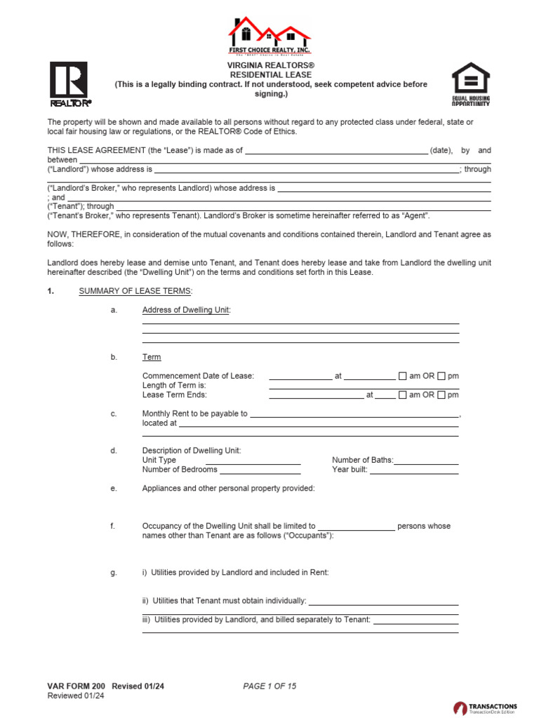 Bassem Leweed - VR 200 - Residential Lease (Rev 012024) | PDF | Leasehold Estate | Lease