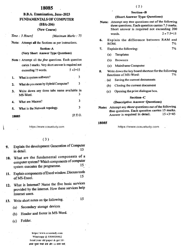 Bba 2 Sem Fundamentals of Computer 18085 Jun 2023 | PDF