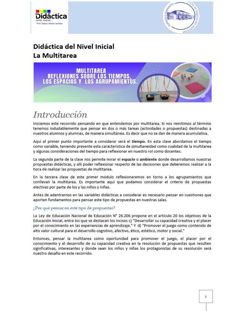 La Multitarea 1. Tiempo Espacio Agrupamientos | PDF | Educación de la primera infancia | Enseñando