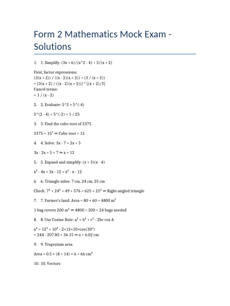 Form 2 Maths Mock Solutions | PDF