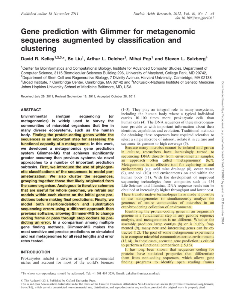 Kelley Et Al. - 2012 - Gene Prediction With Glimmer For Metagenomic Sequences Augmented by ...