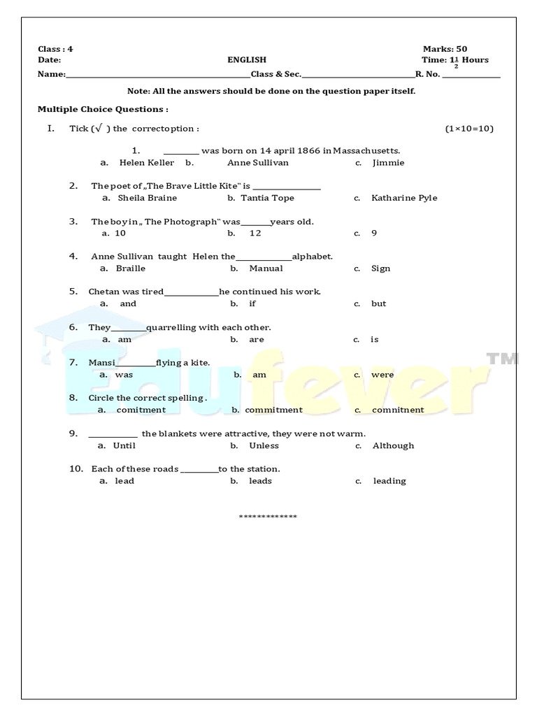 CBSE Class 4 English Question Paper Set A | PDF