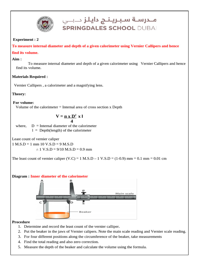 Exp 2 - Vernier Calipers - Volume of A Calorimeter | PDF