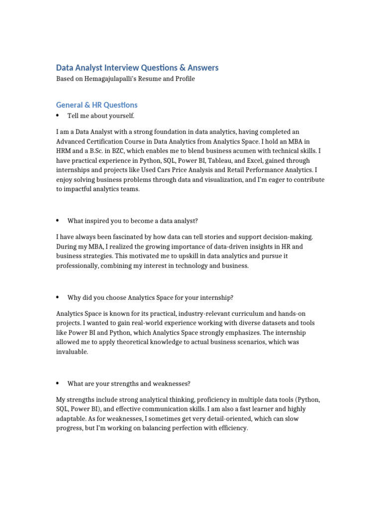 Data Analyst Interview QA Hemagajulapalli | PDF | Data Management | Computing