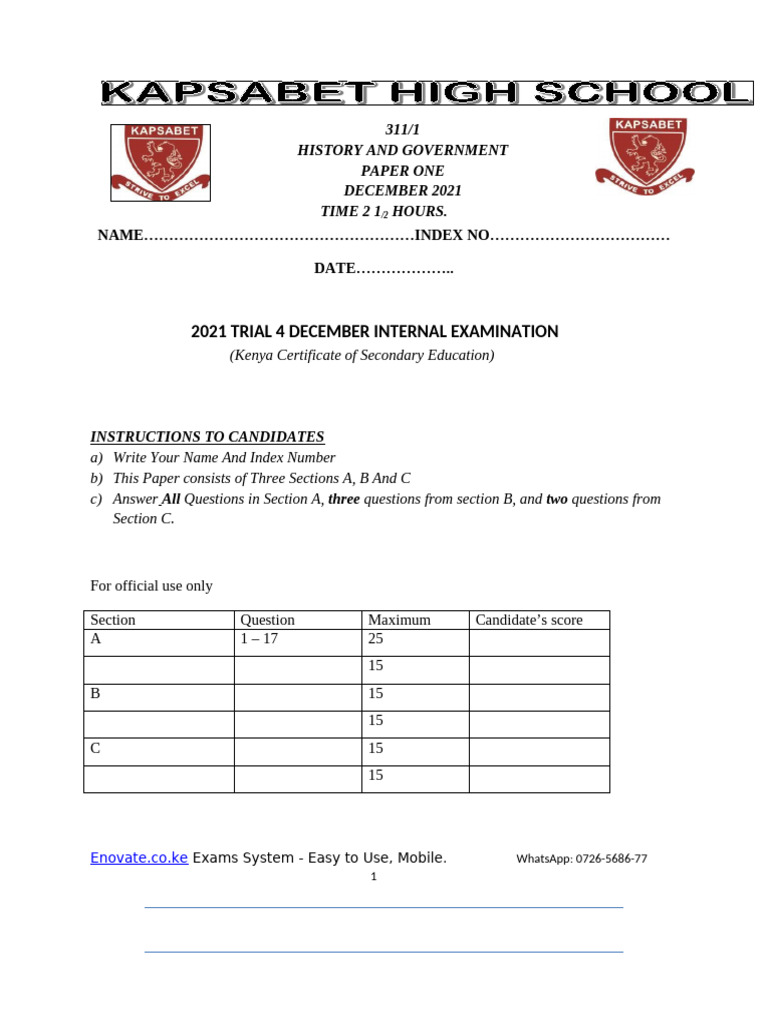 History Pp1 Kapsabet Boys Dec Mocks | PDF | Kenya