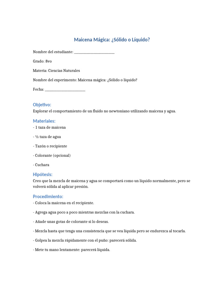 Experimento Maicena 8vo Grado | PDF