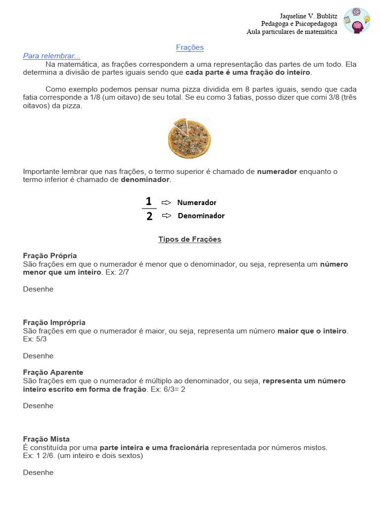 Frações Tipos e Operações | PDF | Matemática | Divisão (Matemática)