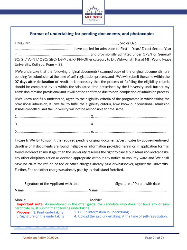 Undertaking for Pending Admission Documents | PDF