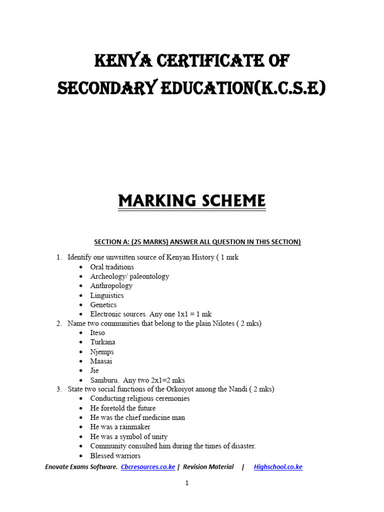 HISTORY PP1 Marking Scheme Mumias Pre Mocks 2023 April | PDF