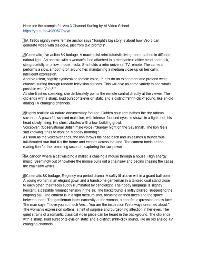 Veo 3 Channel Surfing Prompts by AI Video School | PDF