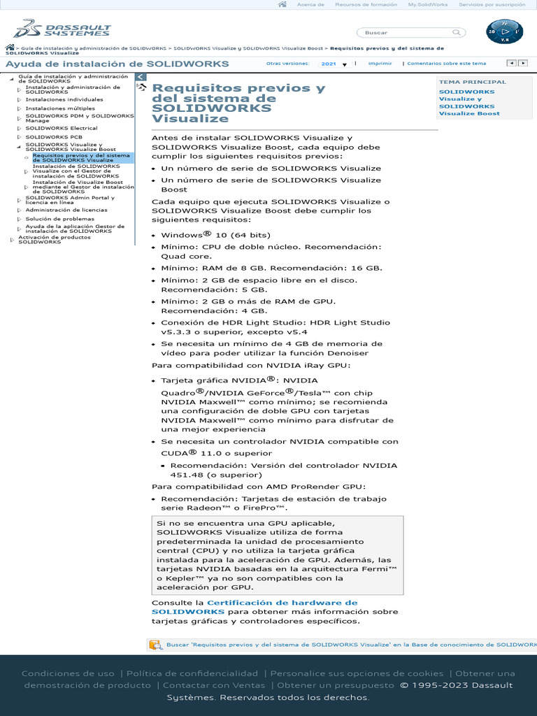Requisitos Previos y Del Sistema de SOLIDWORKS Visualize - 2021 - Ayuda de Instalación de ...