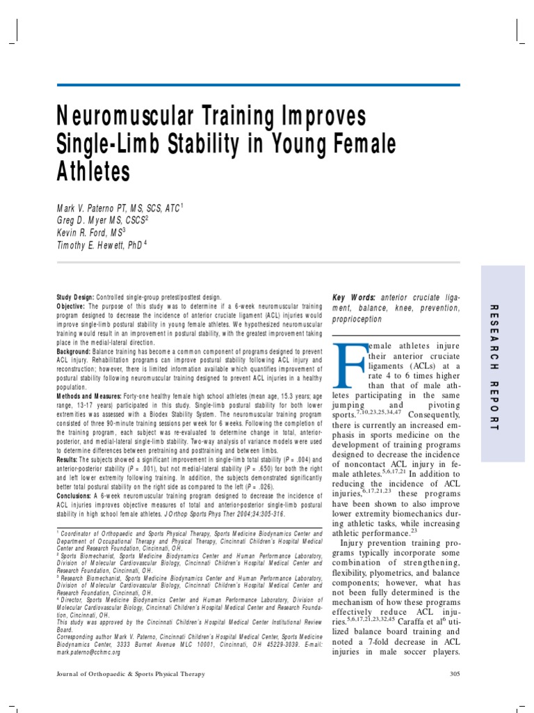 Neuromuscular Training Improves Single-Limb Stability in Young Female ...