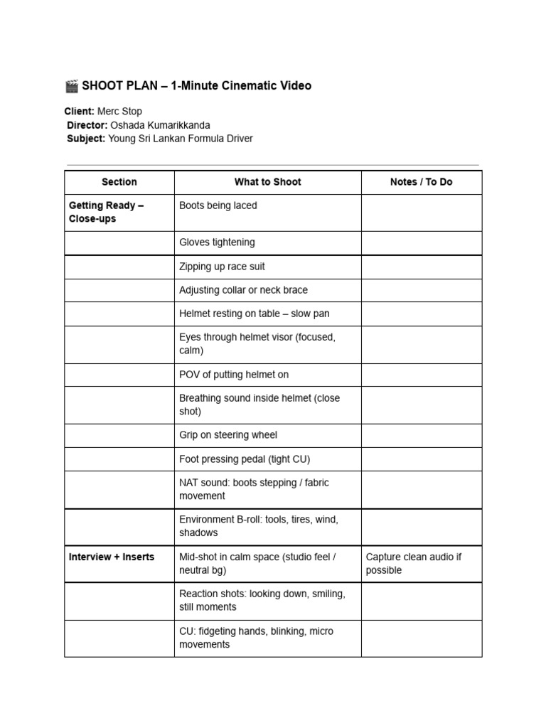 1-Minute Cinematic Shoot Plan | PDF