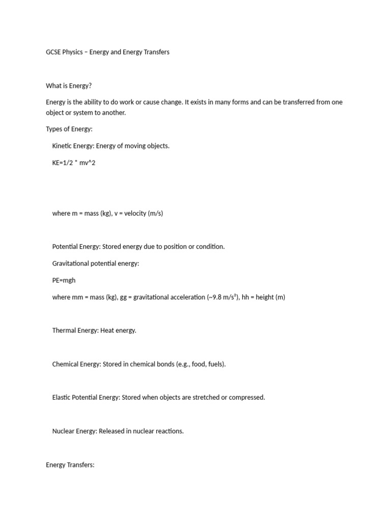 GCSE Physics - Energy and Energy Transfers | PDF | Potential Energy ...