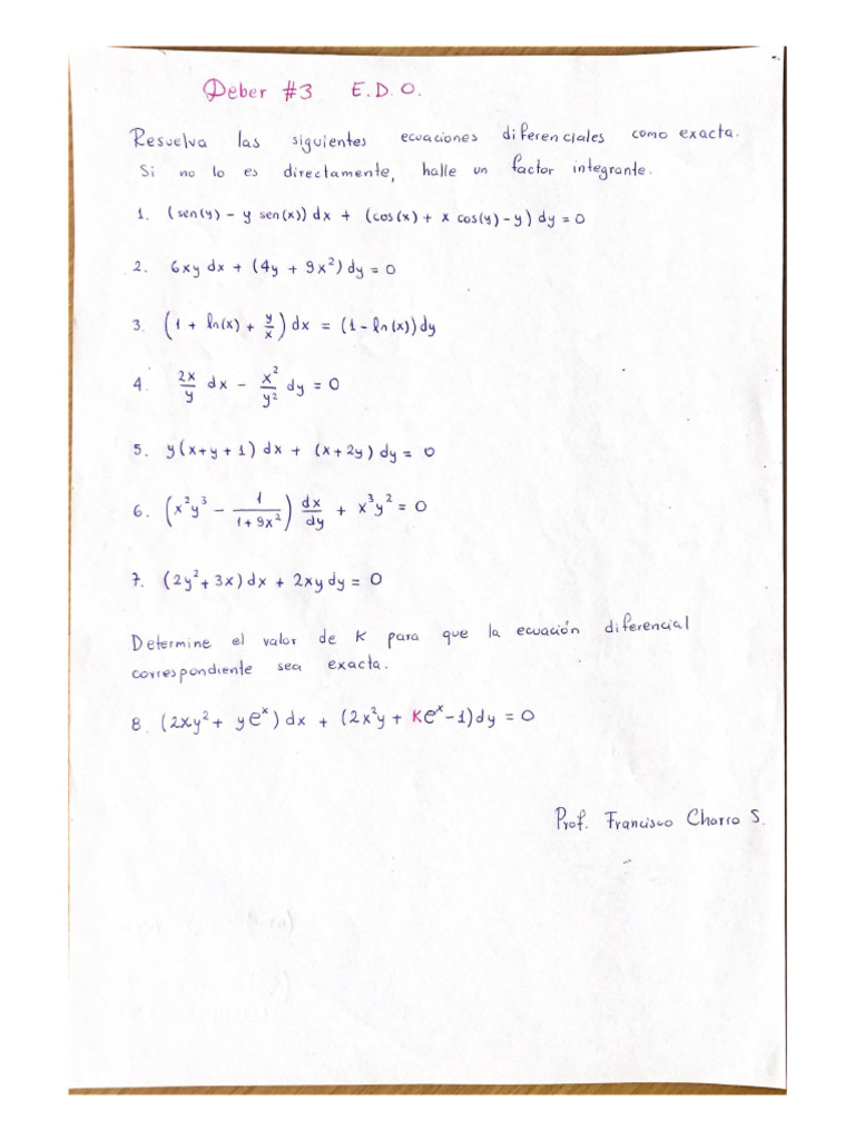 Deber 3 - Ecuaciones Exactas | PDF