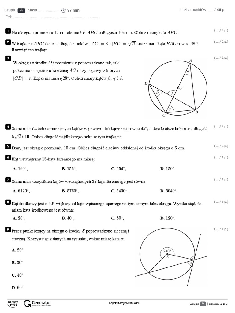 Zadania Planimetria Test Z Widoczną Punktacją | PDF