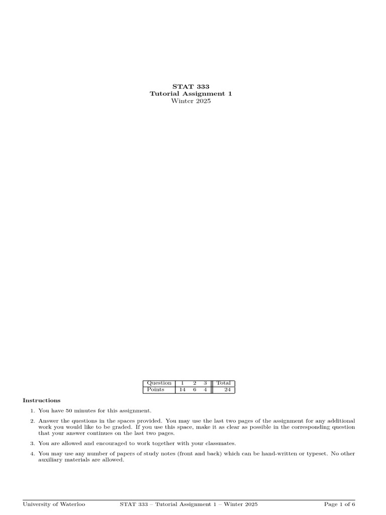 STAT333 Tutassignment1 Blank | PDF | Statistical Theory | Mathematics