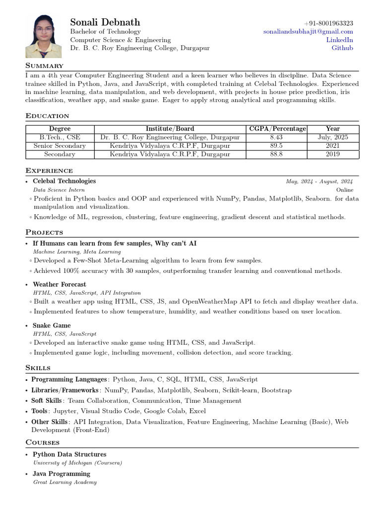 Sonali Debnath: Linkedin Github | PDF | Machine Learning | Computer Programming