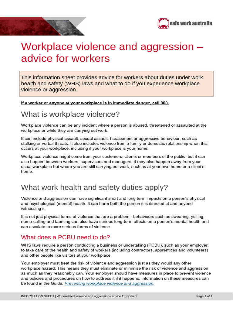 Workplace Violence and Aggression Worker Information Sheet | PDF ...