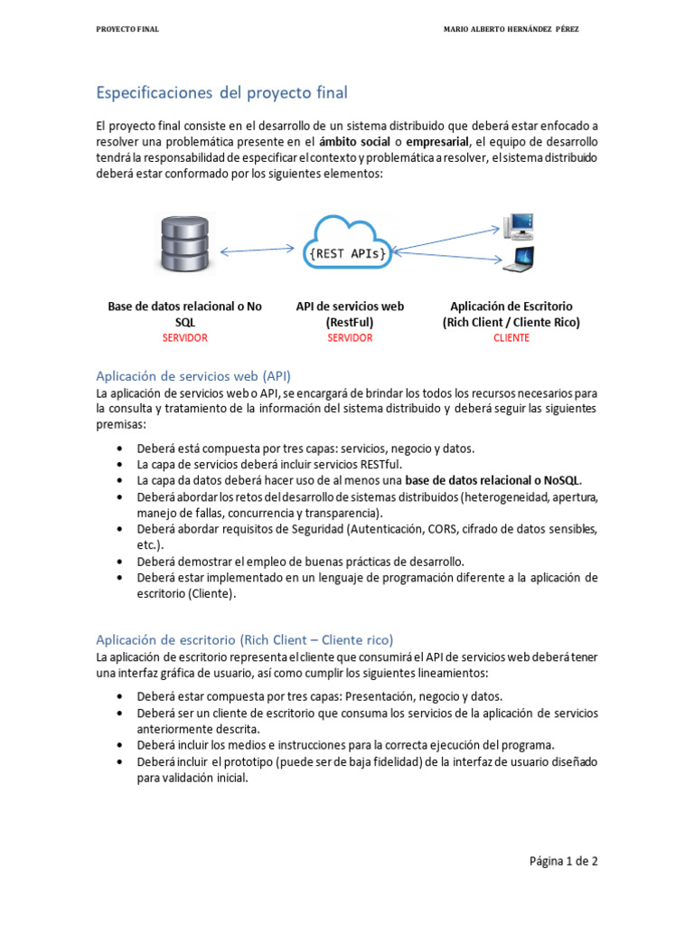 Especificaciones ProyectoFinal | PDF | Computación distribuída | Servidor (Computación)