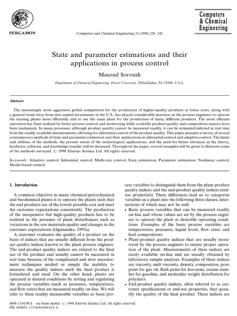 State and Parameter Estimations and Their Applica 1998 Computers Chemical | PDF | Parameter ...