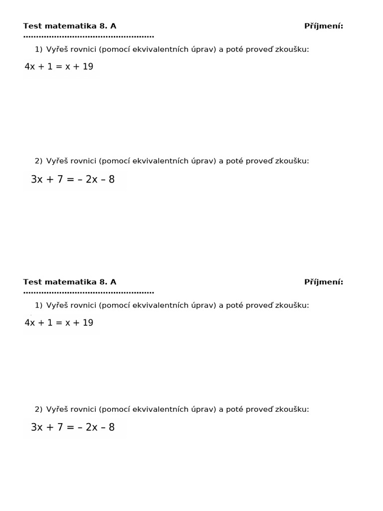 Test - Jednoduché Rovnice | PDF