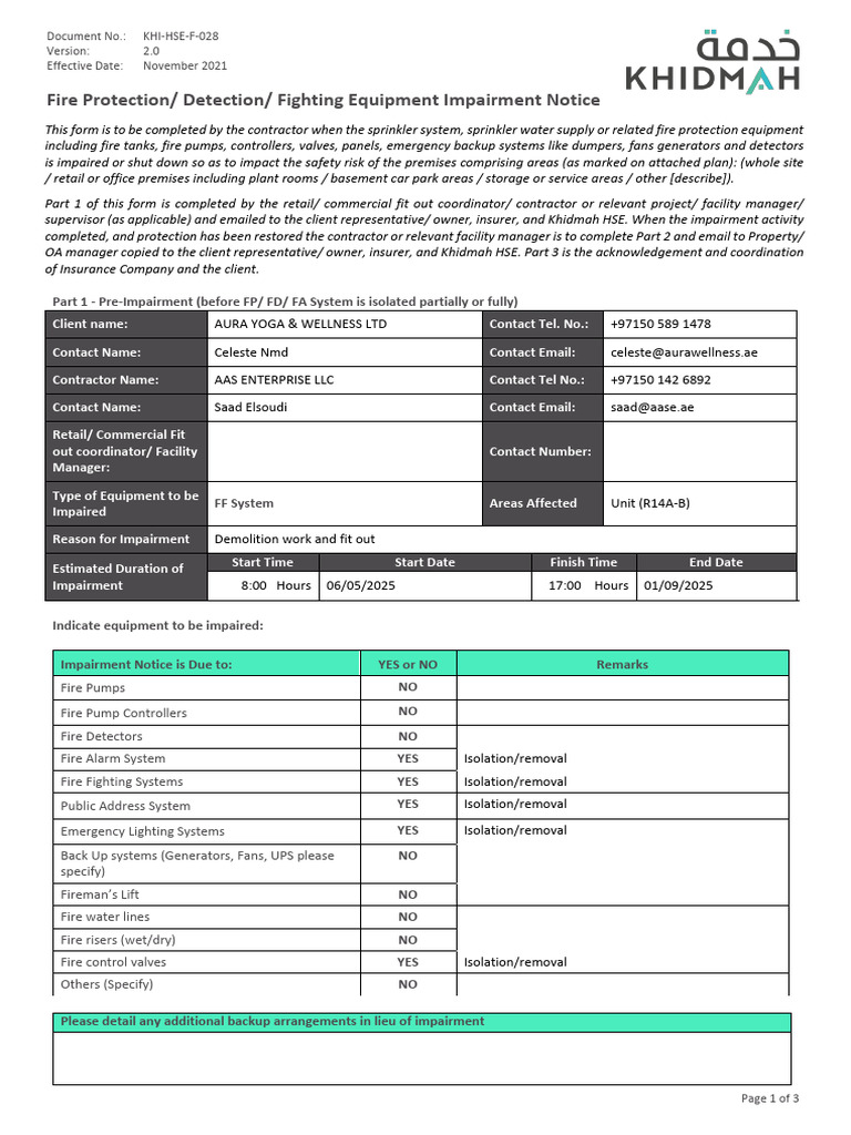 KHI-HSE-F-028 Fire Protection Equipment Impairment Notice v2.0 Format ...