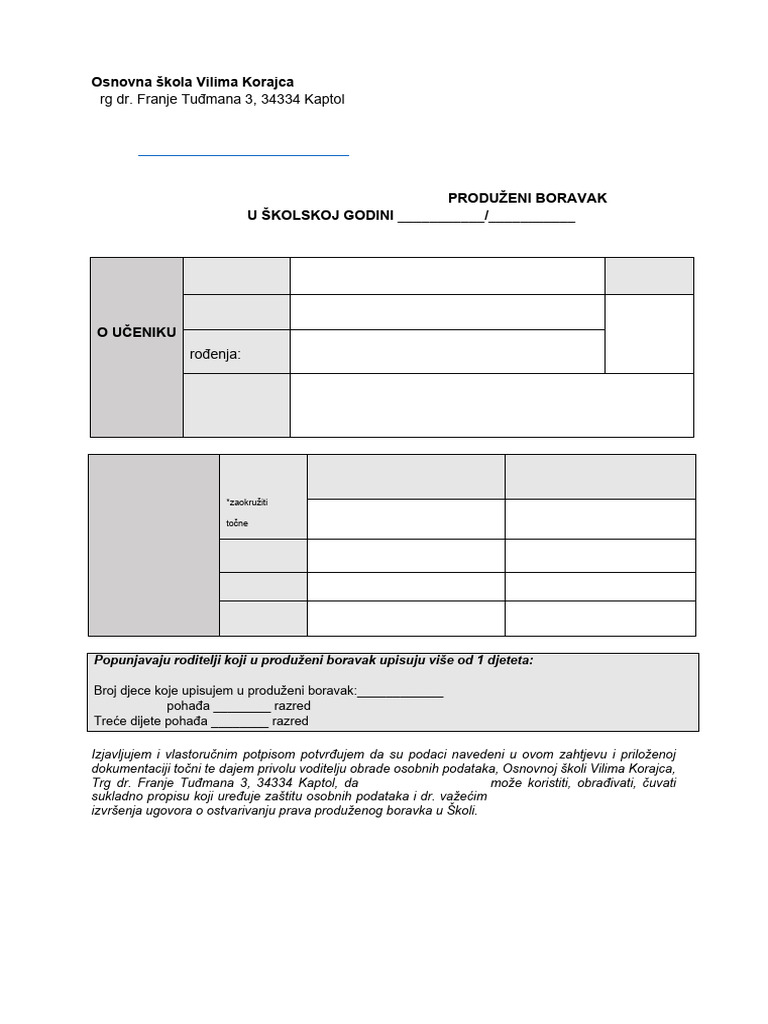 Prijavnica Za Upis U Produzeni Boravak | PDF