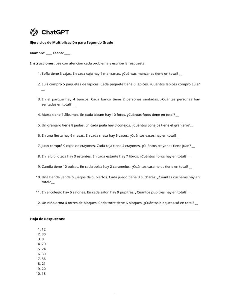 Problemas de Multiplicación para 2° Grado | PDF