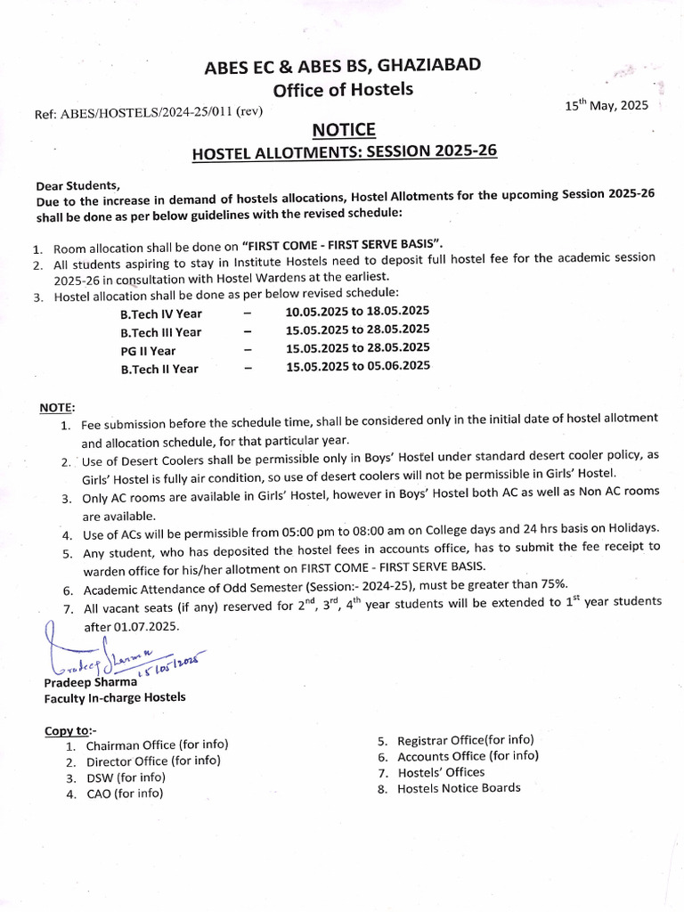 Notcie 011 Rev Hostel Allotment Notice 2025-26 Signed | PDF