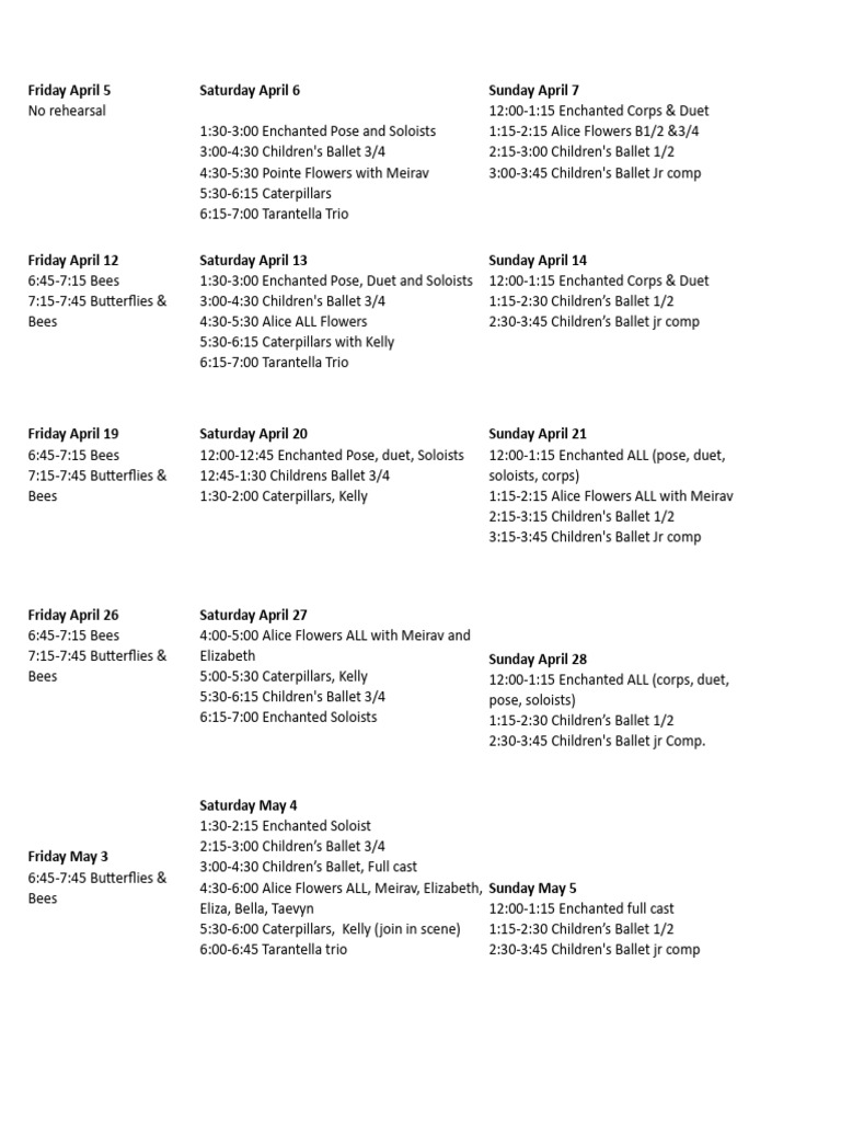 Updated Rehearsal Schedule April 1 | PDF | Ballet