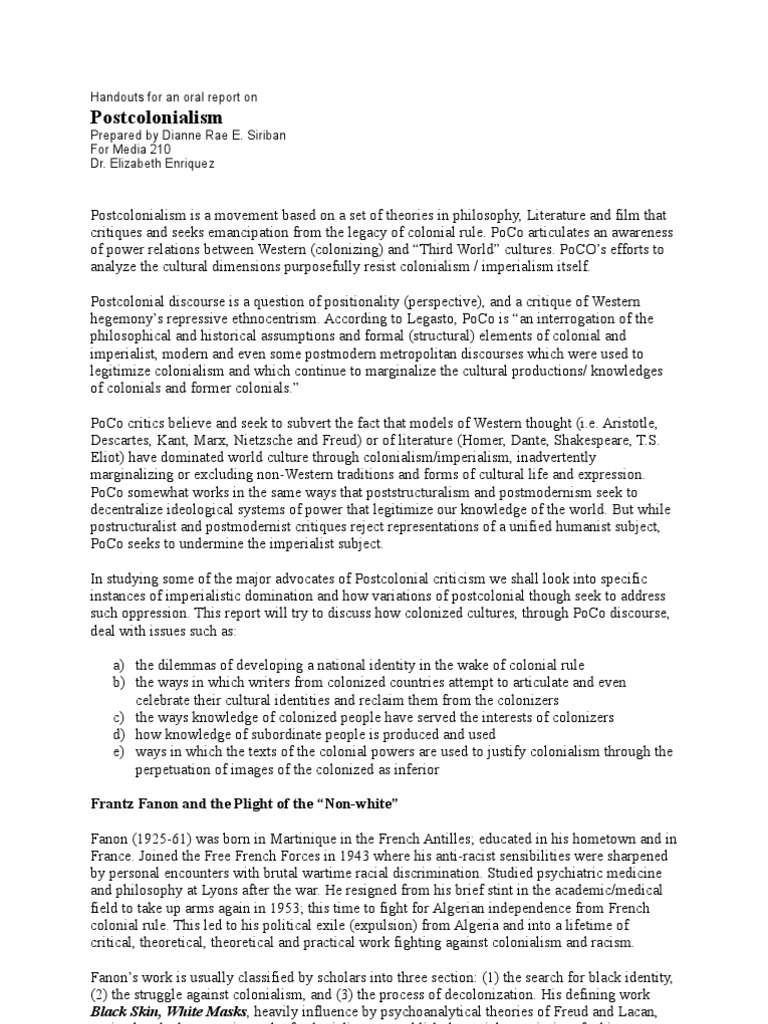 Oral Report On Post Colonial Criticism | PDF | Postcolonialism | Frantz Fanon