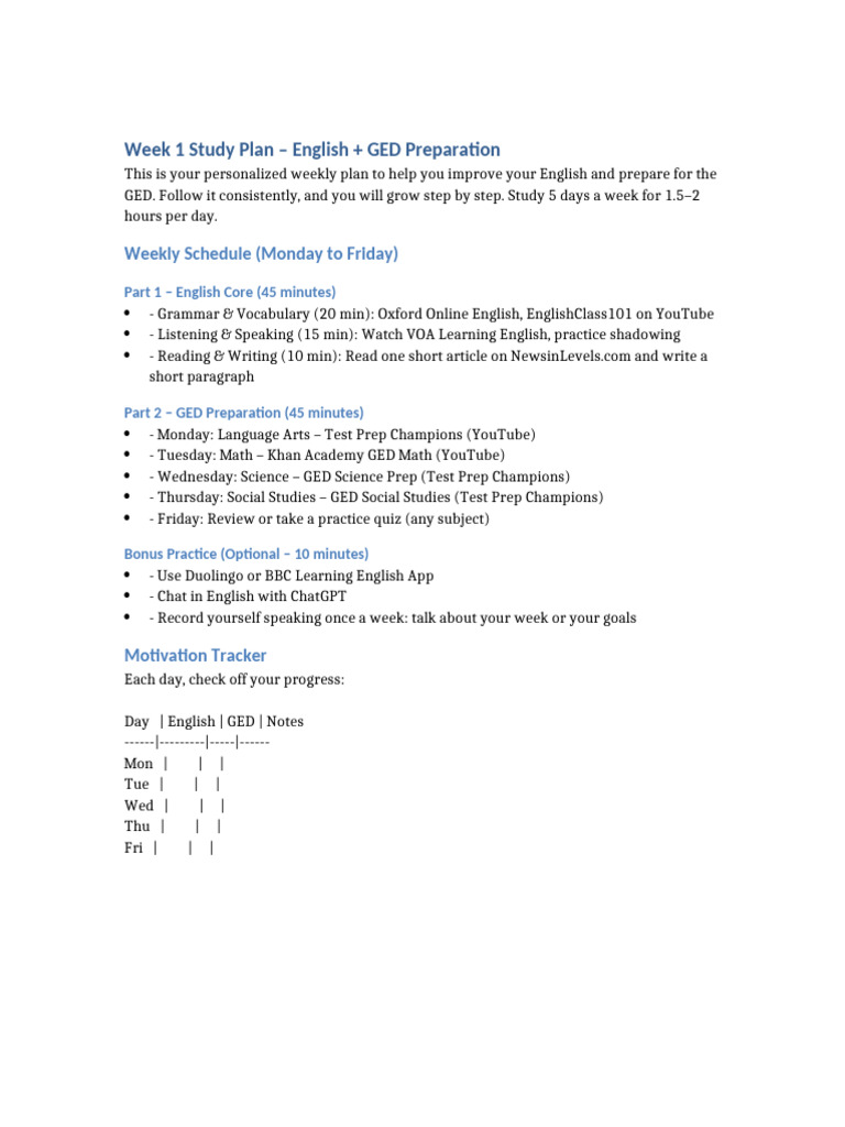 Week_1_Study_Plan_English_GED | PDF