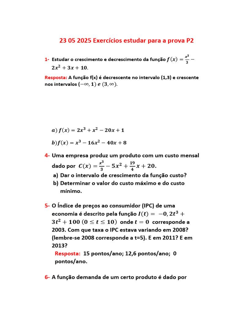 23 05 2025 Exercícios para A Prova Do Segundo Bimestre | PDF