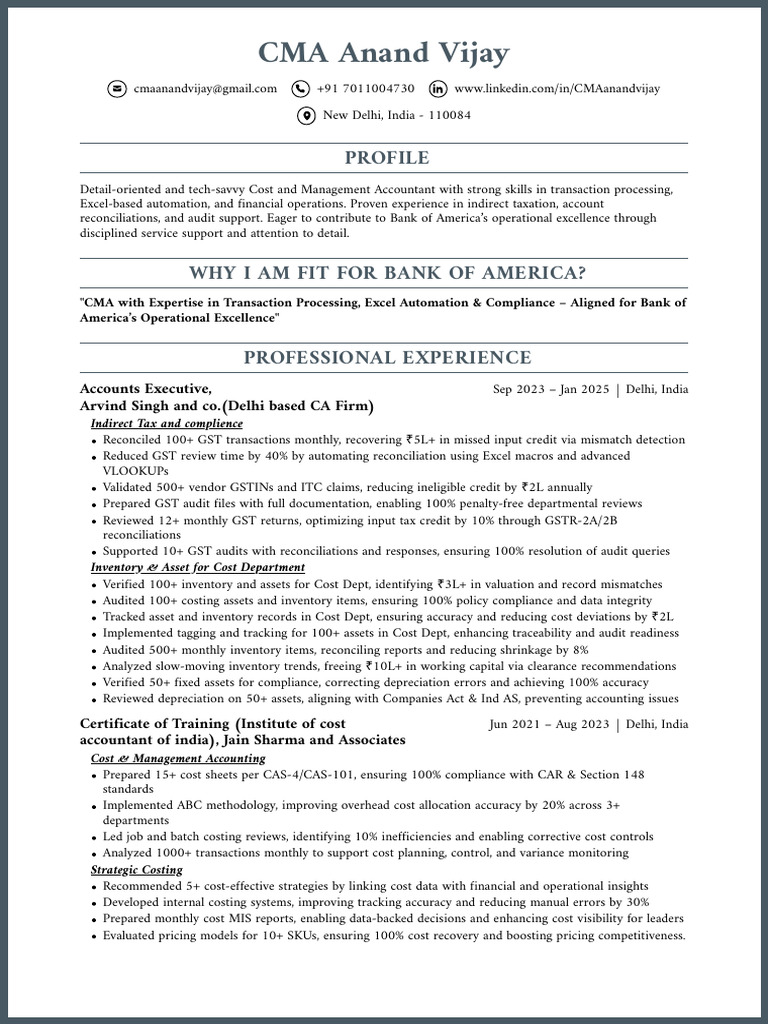 CMA Anand Vijay FlowCV Resume 20250501 | PDF | Cost Accounting | Audit