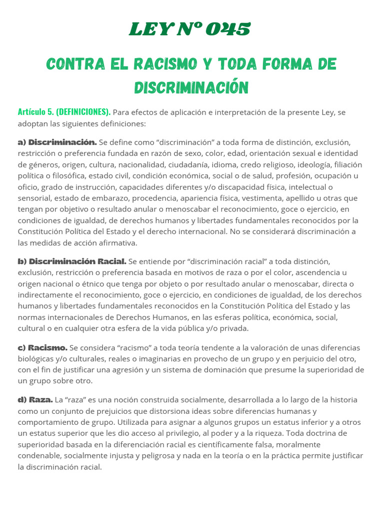 Ley #045 | PDF | Racismo | Discriminación y relaciones raciales