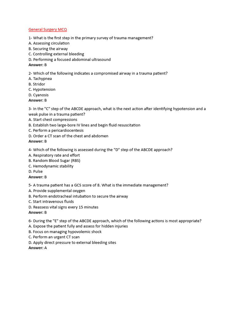 General Surgery Emergency MCQ | PDF | Major Trauma | Clinical Medicine