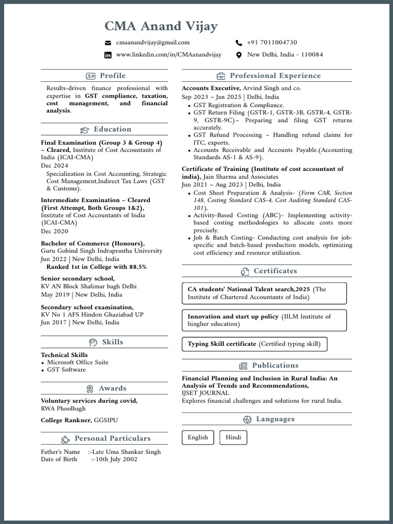 CMA Anand Vijay FlowCV Resume 20250316 | PDF | Delhi | Business Economics