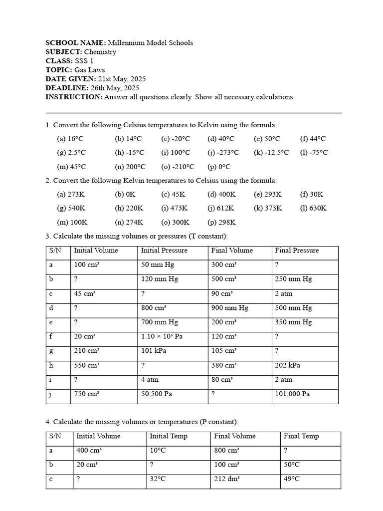 Millennium Assignment On Gas Laws | PDF | Volume | Gases