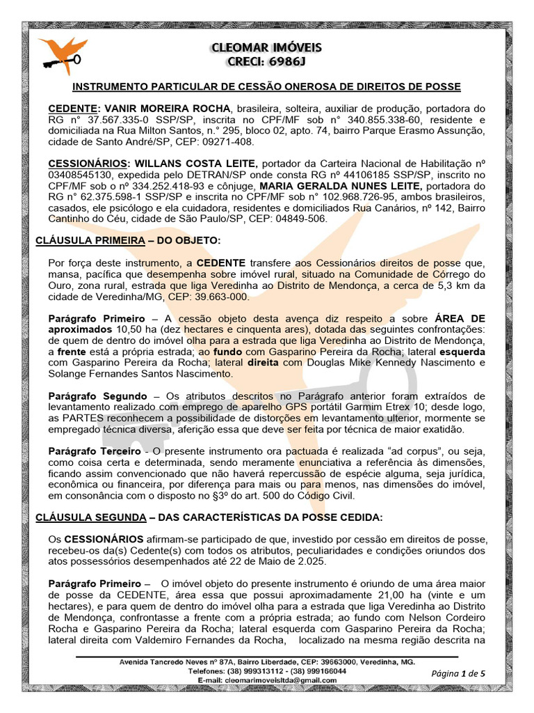 Cessão de Direitos Possessorios Vanir para Willians e Maria Geralda | PDF