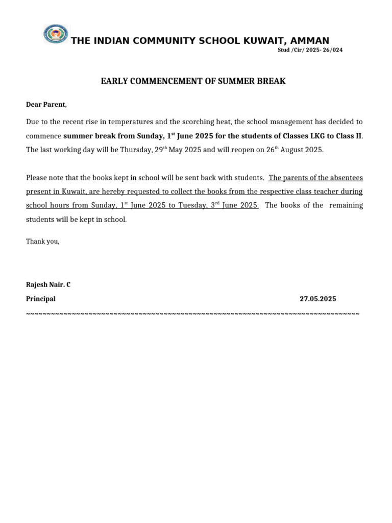 Early Summer Break For LKG To Class II | PDF