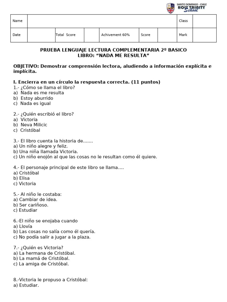 Prueba Libro - 2 Basico - Nada Me Resulta | PDF