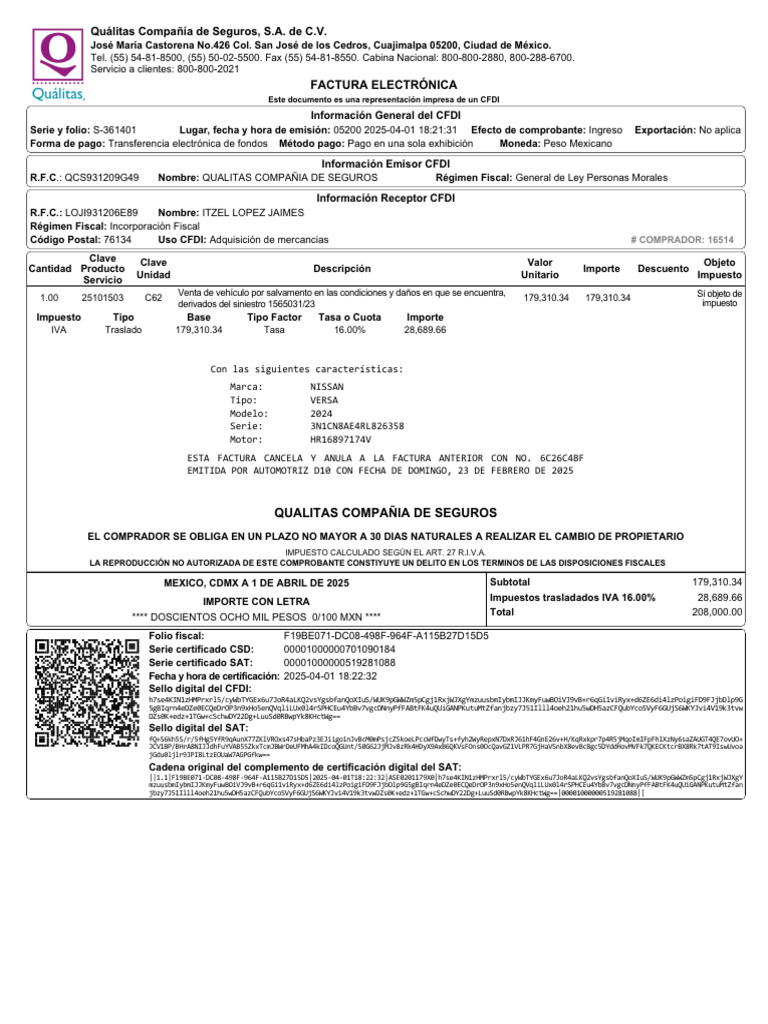 Factura Electr Ónica: Qu Álitas Compañía de Seguros, S.A. de C.V | PDF ...