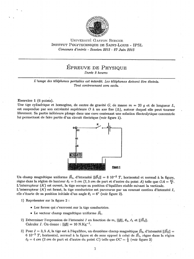 Epreuve de Physique Concours IPSL Session 2015-1 | PDF