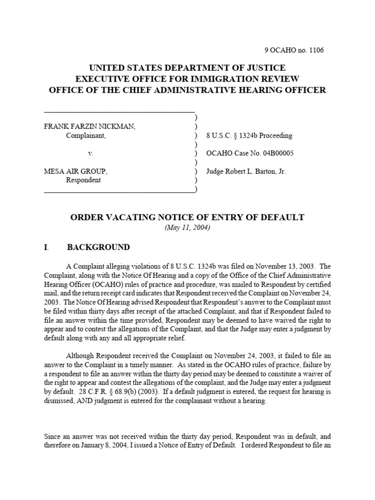 OCAHO Order Vacating Default Judgment | PDF | Default Judgment | Complaint