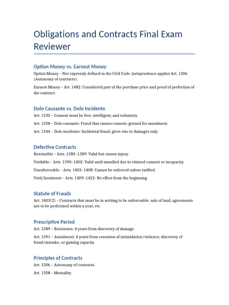 ObliCon Final Reviewer Updated | PDF | Annulment | Contract Law