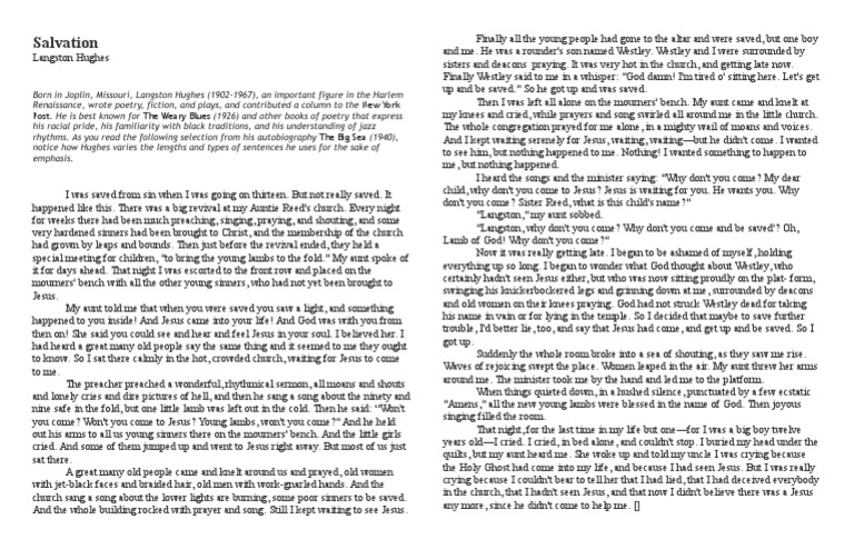 Salvation by Langston Hughes | Jesus | Religious Behaviour And Experience